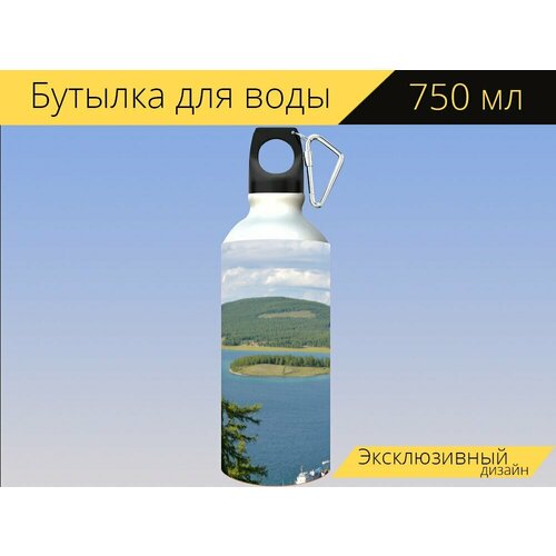 Бутылка фляга для воды "Озеро, лес, природа" 750 мл. с карабином и принтом