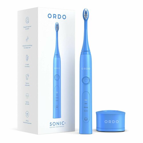 Электрическая зубная щетка ORDO Sonic+ с 4 режимами, таймером, защитным колпачком и зарядным устройством, голубая