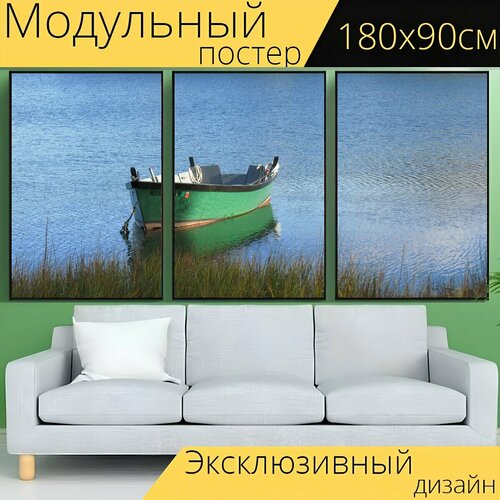 Модульный постер "Лодка, зеленый, река" 180 x 90 см. для интерьера