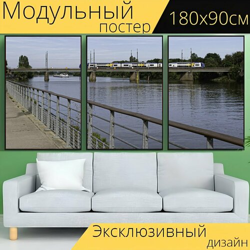 Модульный постер "Тренироваться, лодки, вода" 180 x 90 см. для интерьера