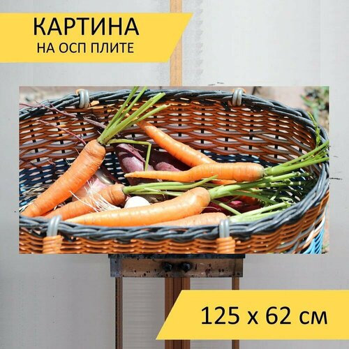 Картина на ОСП 125х62 см. "Морковь, корзина, урожай" горизонтальная, для интерьера, с креплениями