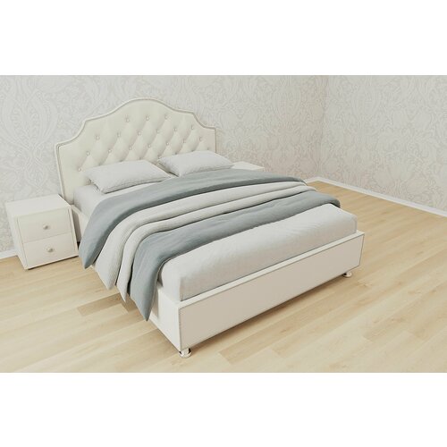 Двуспальная кровать Мария с кареткой 180x200 с подъемным механизмом и с коробом для белья велюр белый ножки 5 см