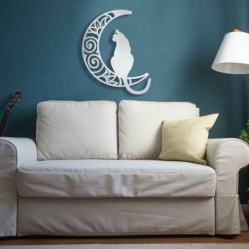 Декоративное панно деревянное, Луна и кошка (белый цвет)