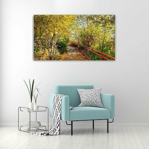 Картина на холсте 60x110 LinxOne "Деревья дорога природа осень" интерьерная для дома / на стену / на кухню / с подрамником