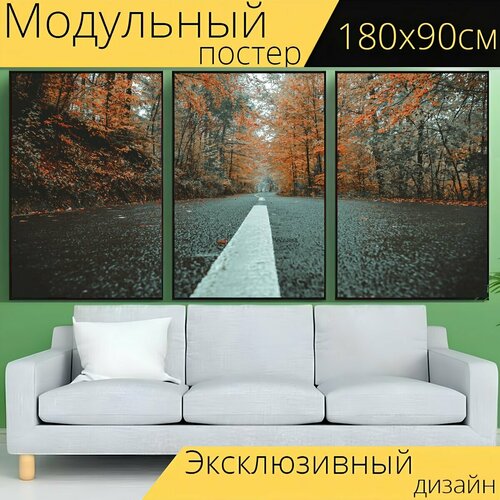Модульный постер "Дорога, сельская местность, осень" 180 x 90 см. для интерьера