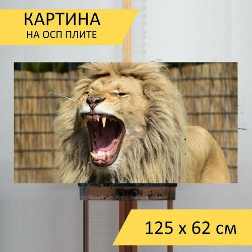 Картина на ОСП 125х62 см. "Лев, пантера лев, львица" горизонтальная, для интерьера, с креплениями