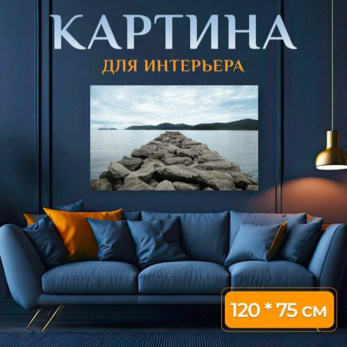 Картина на холсте "Волнорез, горные породы, море" на подрамнике 120х75 см. для интерьера