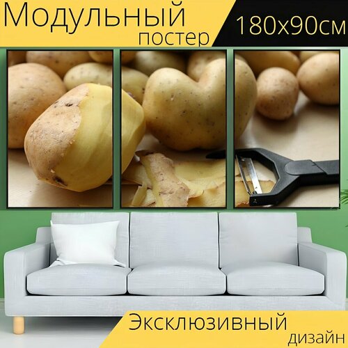 Модульный постер "Картошка, чистить, овощечистка" 180 x 90 см. для интерьера