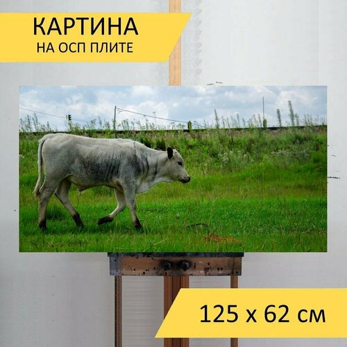 Картина на ОСП 125х62 см. "Корова, телец, пастбище" горизонтальная, для интерьера, с креплениями