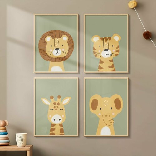 Набор постеров 4 шт "Африканские животные для детской" 50x70 плакат для интерьера, картина на стену