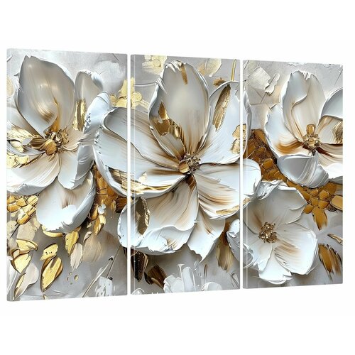 Модульная картина для интерьера на стену "Белые цветы с золотом" 60x100 см MK30348
