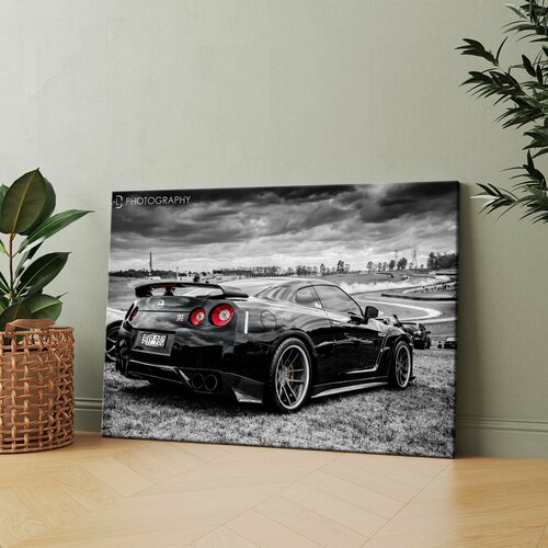 Картина на холсте (Черно-белое фото спортивной машины) 20x30 см. Интерьерная, на стену.