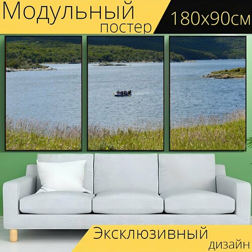 Модульный постер "Озеро, пруд, лодка" 180 x 90 см. для интерьера