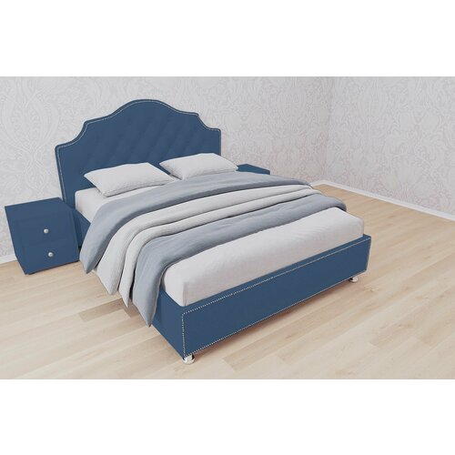 Двуспальная кровать Мария с кареткой 140x200 основание металлическое с ламелями велюр синий ножки 13 см хром