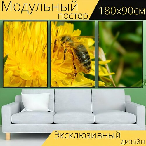 Модульный постер "Опыление, пчела, пыльца" 180 x 90 см. для интерьера