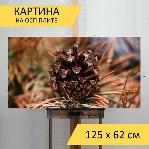 Картина на ОСП 125х62 см. "Сосновые шишки, челюсть, хвойное дерево" горизонтальная, для интерьера, с креплениями