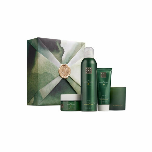 RITUALS. Подарочный косметический набор "Jing Relax" с ароматом священного лотоса и мармелада. Гель для душа 200 мл, Крем для тела 100 мл, Скраб для тела 125 г, Свеча 140г