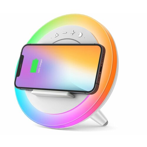 Стильный RGB Ночник, белый, с беспроводной зарядкой QI 18W и Bluetooth колонкой