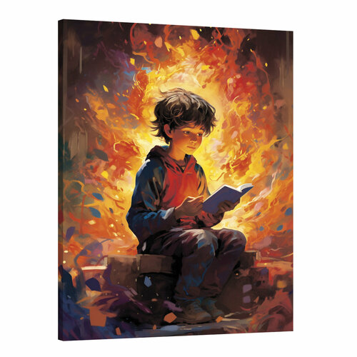 Интерьерная картина 50х70 "Мальчик и его увлечения: картина для творчества"