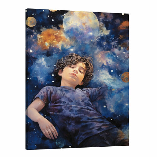 Интерьерная картина 50х70 "Мальчик и его сон: волшебная картина для вечернего настроения"
