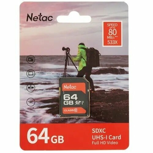 SD-карта памяти Netac NT02P600STN-064G-R, 64 ГБ, скорость до 80 Мб/сек