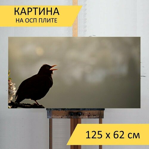 Картина на ОСП 125х62 см. "Черный дрозд, птица, пение" горизонтальная, для интерьера, с креплениями