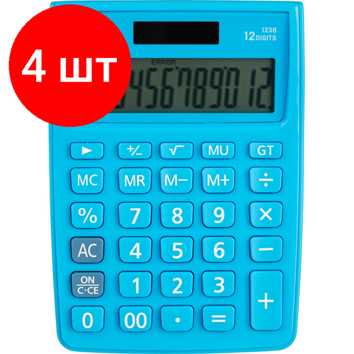 Комплект 4 штук, Калькулятор настольный компактный Deli E1238/BLUE синий 12-разр