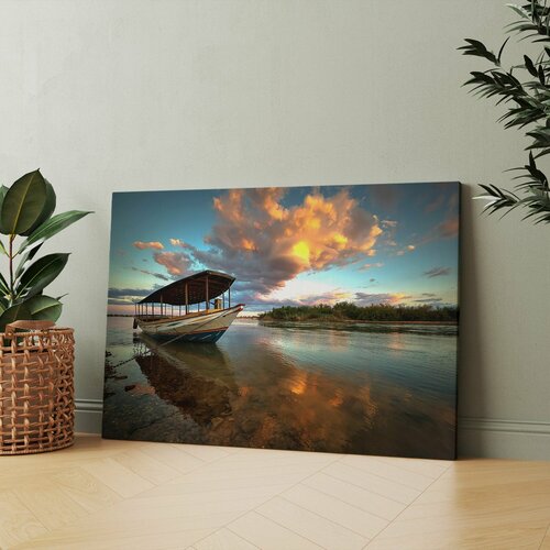 Картина на холсте "Лодка плывет по озеру под облачным небом" 30x40 см. Интерьерная, на стену.