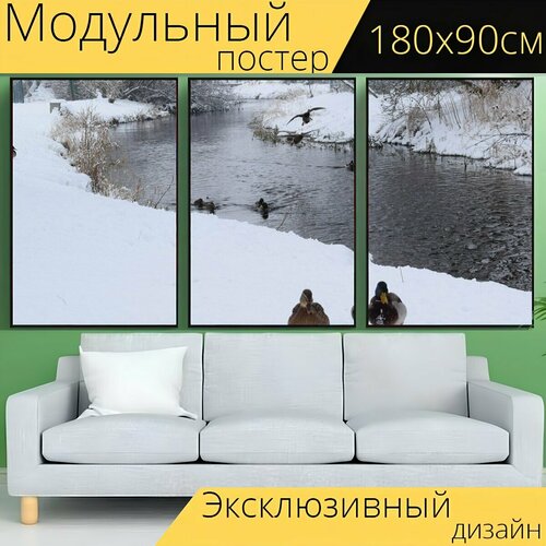 Модульный постер "Река, утки, снег" 180 x 90 см. для интерьера