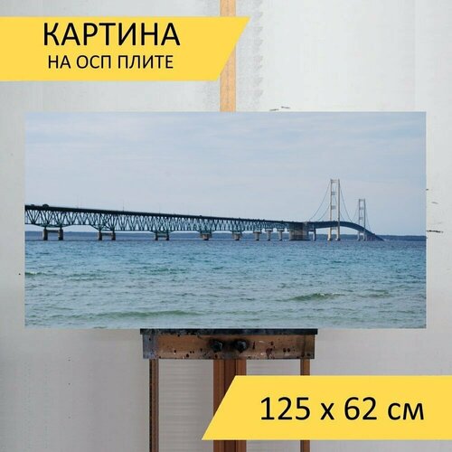 Картина на ОСП 125х62 см. "Мост, вода, макино" горизонтальная, для интерьера, с креплениями