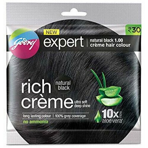 Godrej Expert NATURAL BLACK 1.0, Creme hair colour (Крем-краска для волос Без Аммиака натуральный чёрный, Оттенок 1.00, Гудреж), 20г. + 20мл.
