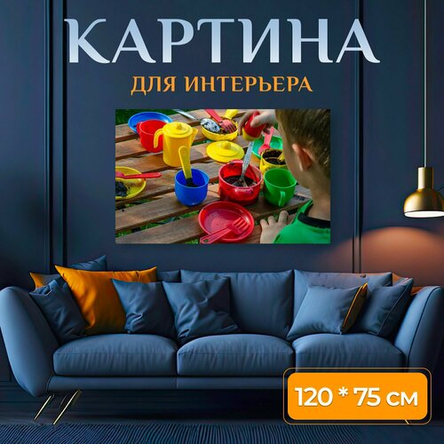 Картина на холсте "Игрушки, кукольная посуда, играть" на подрамнике 120х75 см. для интерьера