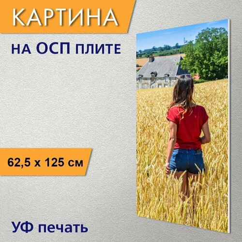 Вертикальная картина на ОСП "Женщина, зерно, поле" 62x125 см. для интерьериа