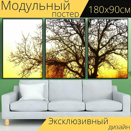 Модульный постер "Дерево, восход солнца, свет" 180 x 90 см. для интерьера