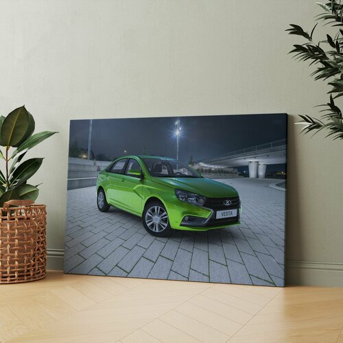 Картина на холсте "Ярко-зеленая машина припаркована на стоянке" 50x70 см. Интерьерная, на стену.