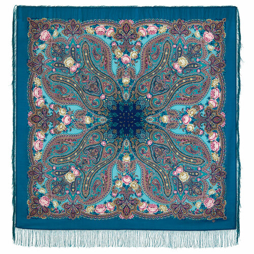 Платок Павловопосадская платочная мануфактура,146х146 см, голубой, синий