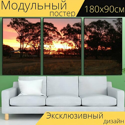 Модульный постер "Заход солнца, австралийская глубинка, силуэты деревьев" 180 x 90 см. для интерьера