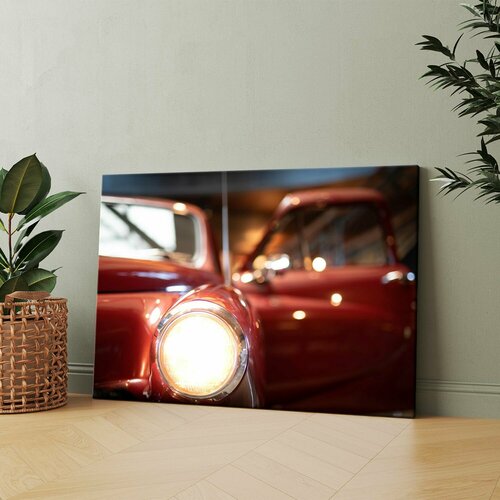Картина на холсте (Красная машина с включенным светом) 20x30 см. Интерьерная, на стену.