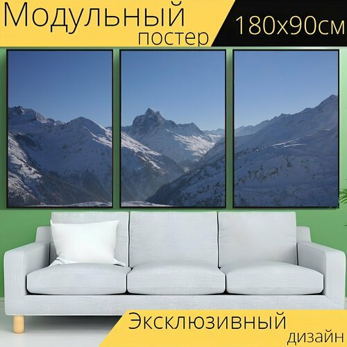 Модульный постер "Лыжная зона, горы, кататься на лыжах" 180 x 90 см. для интерьера