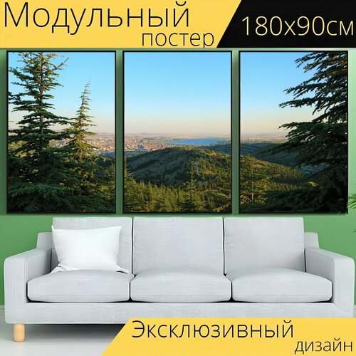 Модульный постер "Озеро, лес, деревья" 180 x 90 см. для интерьера
