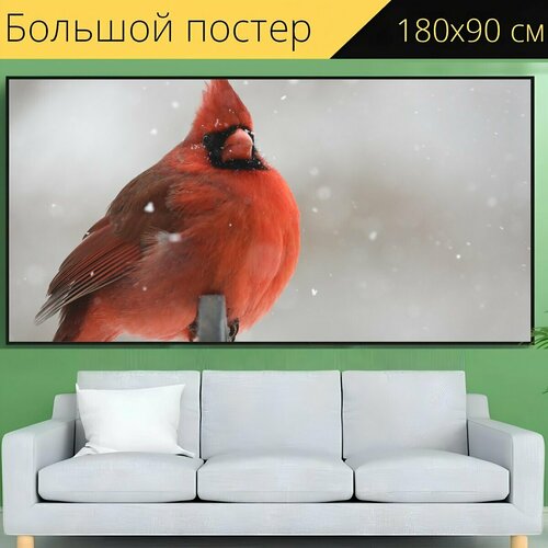 Большой постер "Природа, птица, кардинал" 180 x 90 см. для интерьера