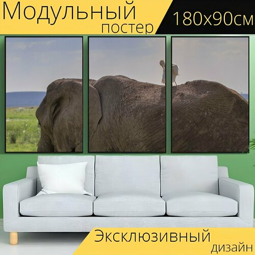 Модульный постер "Слон африки, кения, сафари" 180 x 90 см. для интерьера
