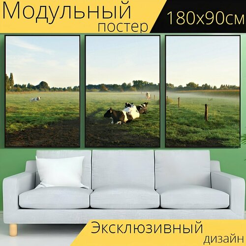 Модульный постер "Коровы, отдых, утро" 180 x 90 см. для интерьера