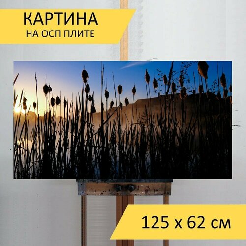 Картина на ОСП 125х62 см. "Озеро, трава, восход солнца" горизонтальная, для интерьера, с креплениями