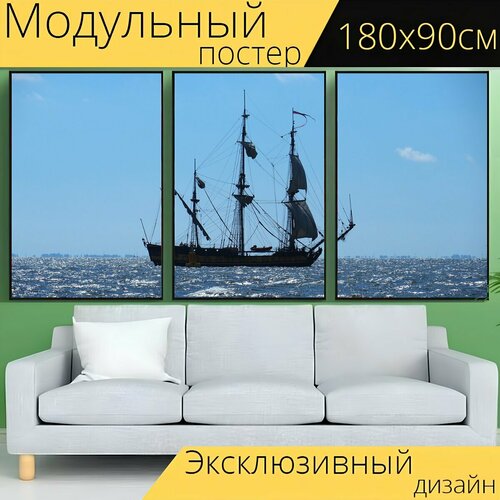 Модульный постер "Парусное судно, северное море, море" 180 x 90 см. для интерьера