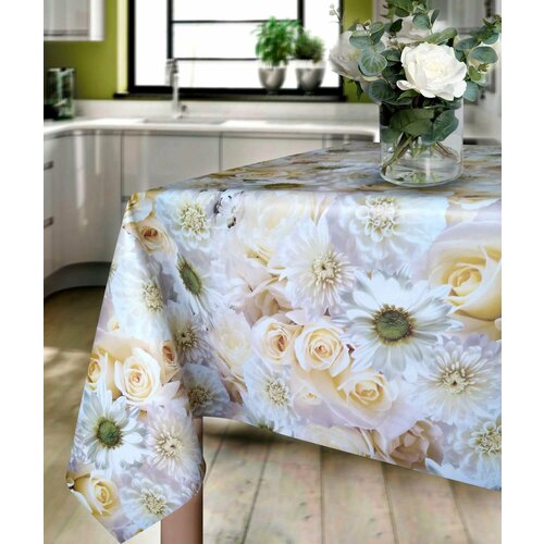 Скатерть, Клеенка прямоугольная на стол Florista с крупными цветами белых роз 110х140 см (1,1х1,4 м)