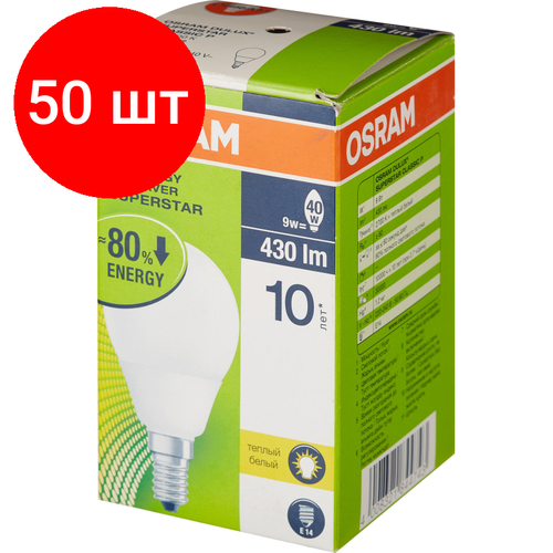 Комплект 50 штук, Лампа энергосберегающая OSRAM DSST CL P 9W/827 220-240V E14 4008321844743