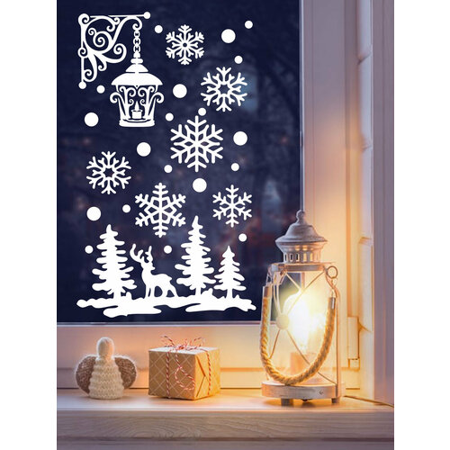 Наклейка 'Пейзаж с фонариком' (Новогодний пейзаж с фонарем, оленем и снежинками на окно)