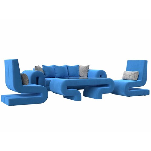 Набор Лига Диванов Волна-2 (стол, диван, 2 кресла) Велюр Голубой