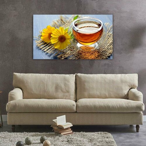 Картина на холсте 60x110 LinxOne "Травяной чай с цветами календулы" интерьерная для дома / на стену / на кухню / с подрамником